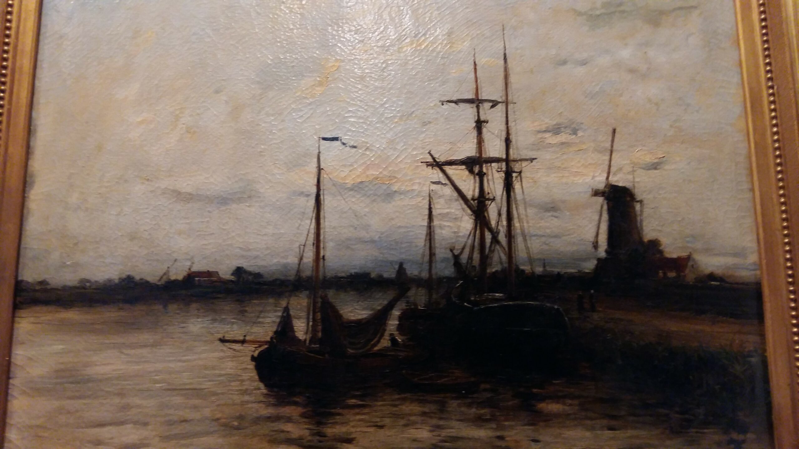 Peinture Tableau, Pastel: Toile de Robert Mols - 2 voiliers avec un moulin